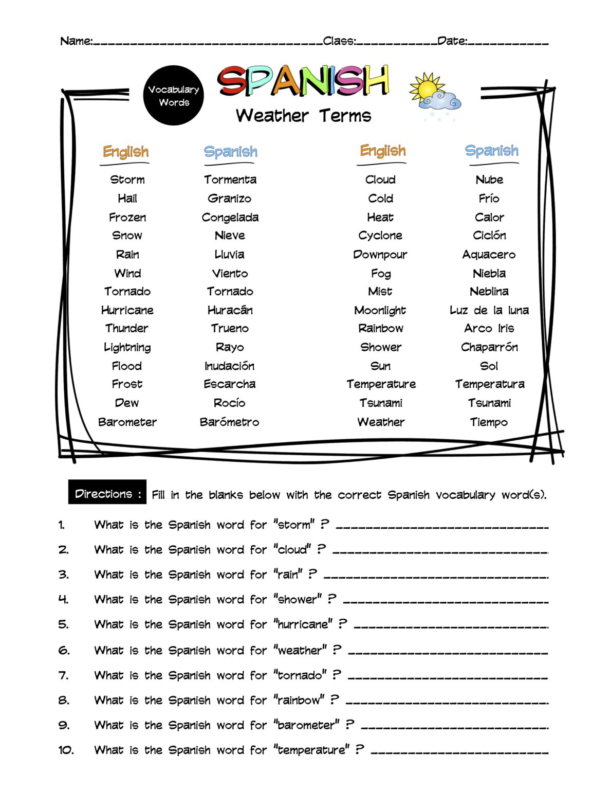 Spanish Weather Terms Vocabulary Word List Worksheet & Answer Key ...