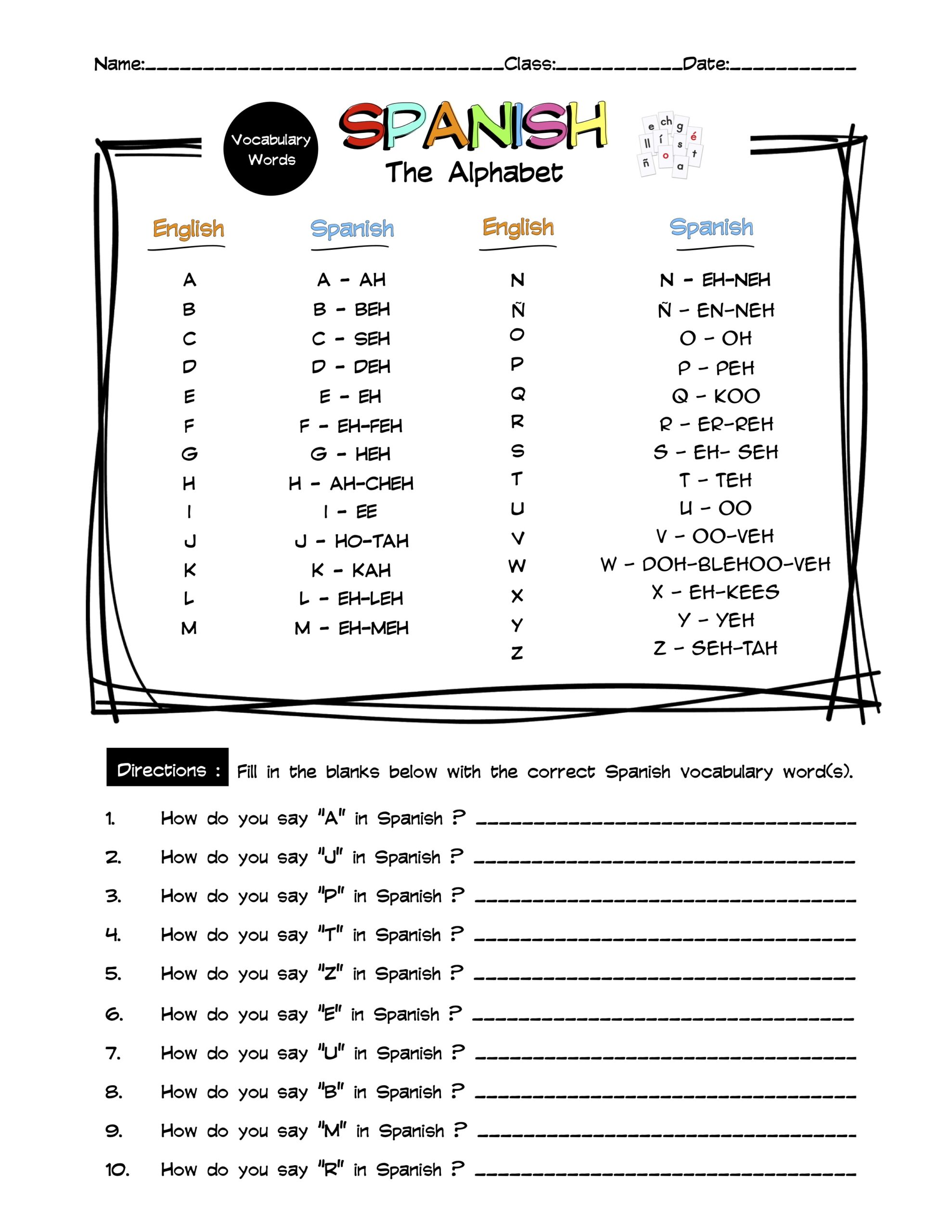 Spanish The Alphabet Vocabulary Word List Worksheet Answer Key Made