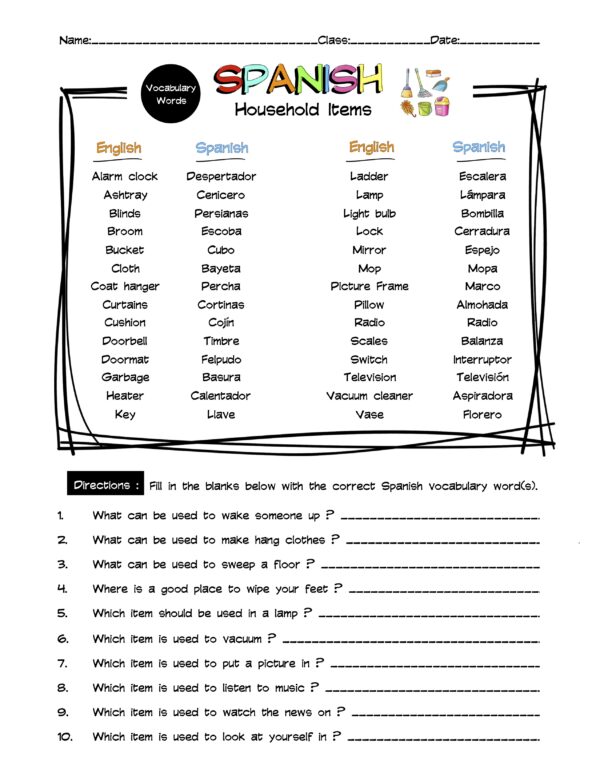 Spanish Household Items Vocabulary Word List Worksheet Answer Key 
