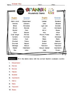 Spanish Household Items Vocabulary Word List Worksheet & Answer Key ...