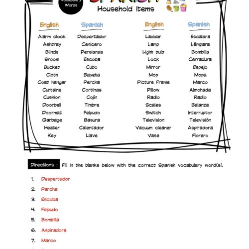 Spanish Household Items Vocabulary Word List Worksheet & Answer Key ...