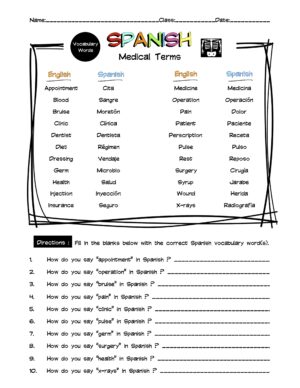 Spanish Medical Terms Vocabulary Word List Worksheet & Answer Key ...