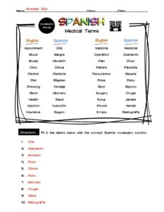 Spanish Medical Terms Vocabulary Word List Worksheet & Answer Key ...