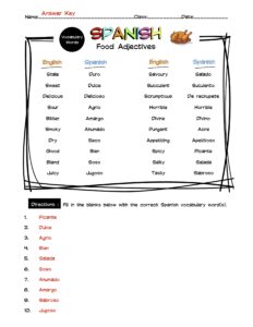 Spanish Food Adjectives Vocabulary Word List Worksheet & Answer Key ...
