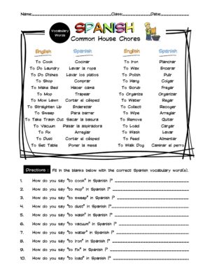 Spanish House Chores Vocabulary Word List Worksheet & Answer Key | Made ...