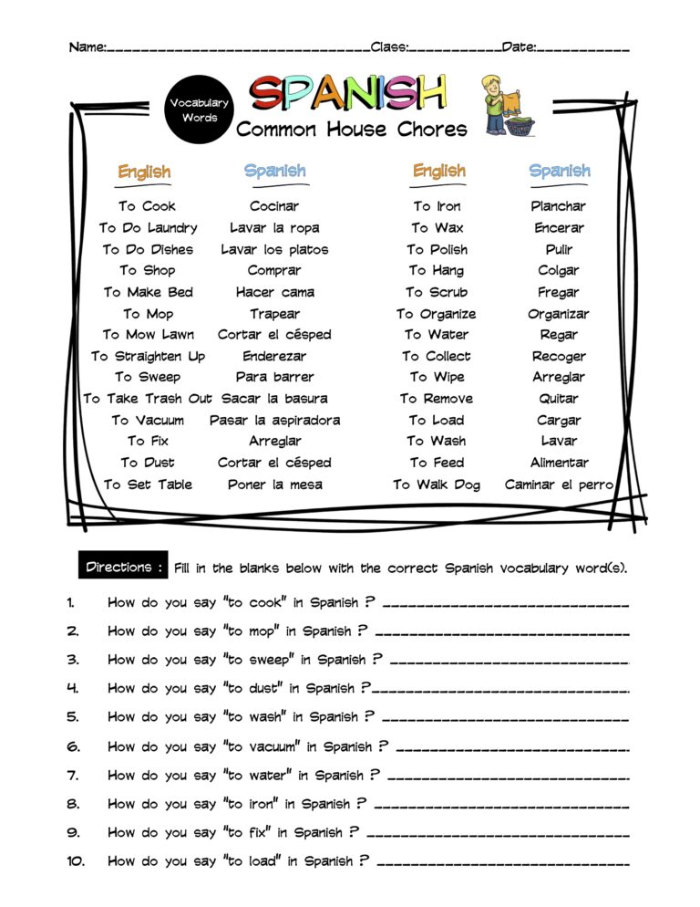 Spanish House Chores Vocabulary Word List Worksheet & Answer Key | Made ...