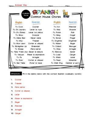 Spanish House Chores Vocabulary Word List Worksheet & Answer Key | Made ...