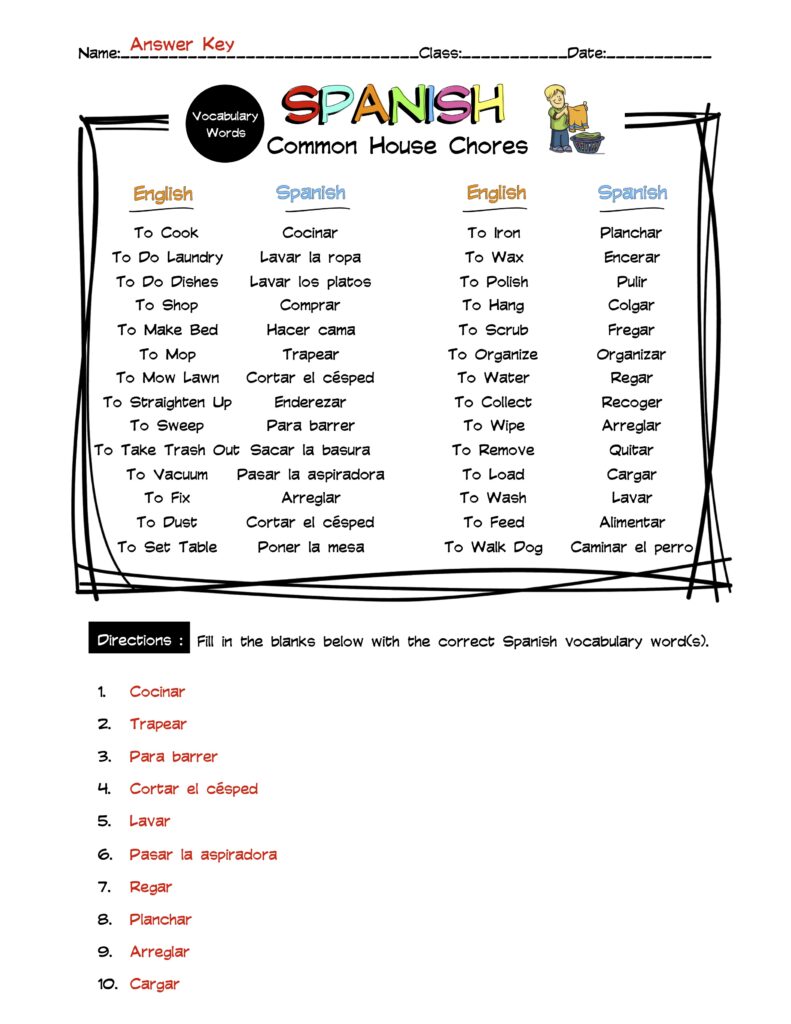 Spanish House Chores Vocabulary Word List Worksheet & Answer Key | Made ...