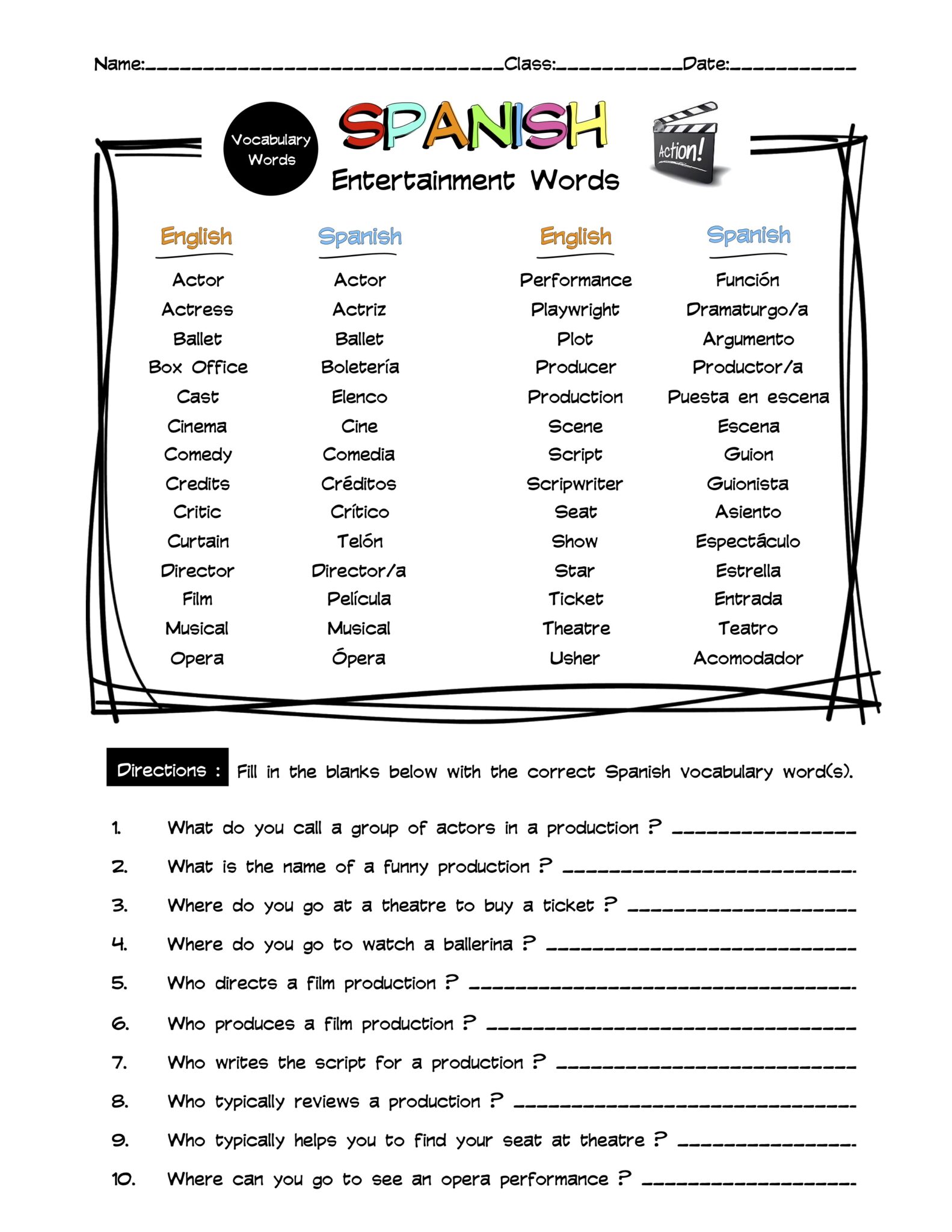 Spanish Entertainment Vocabulary Word List Worksheet & Answer Key ...