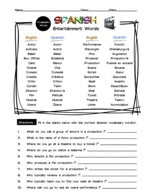 Spanish Entertainment Vocabulary Word List Worksheet & Answer Key ...