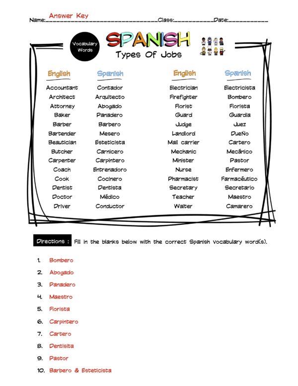 Spanish Types Of Jobs Vocabulary Word List Worksheet & Answer Key ...