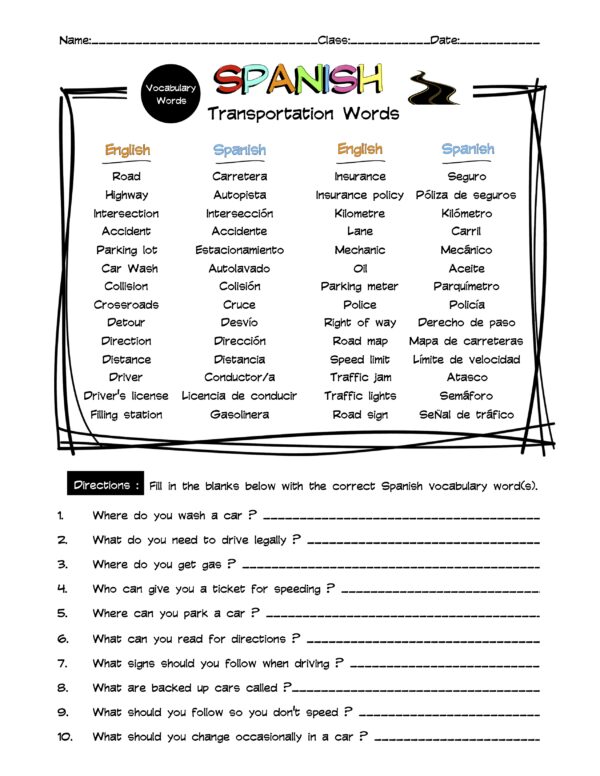 Spanish People Descriptions Vocabulary Word List Column Worksheet ...