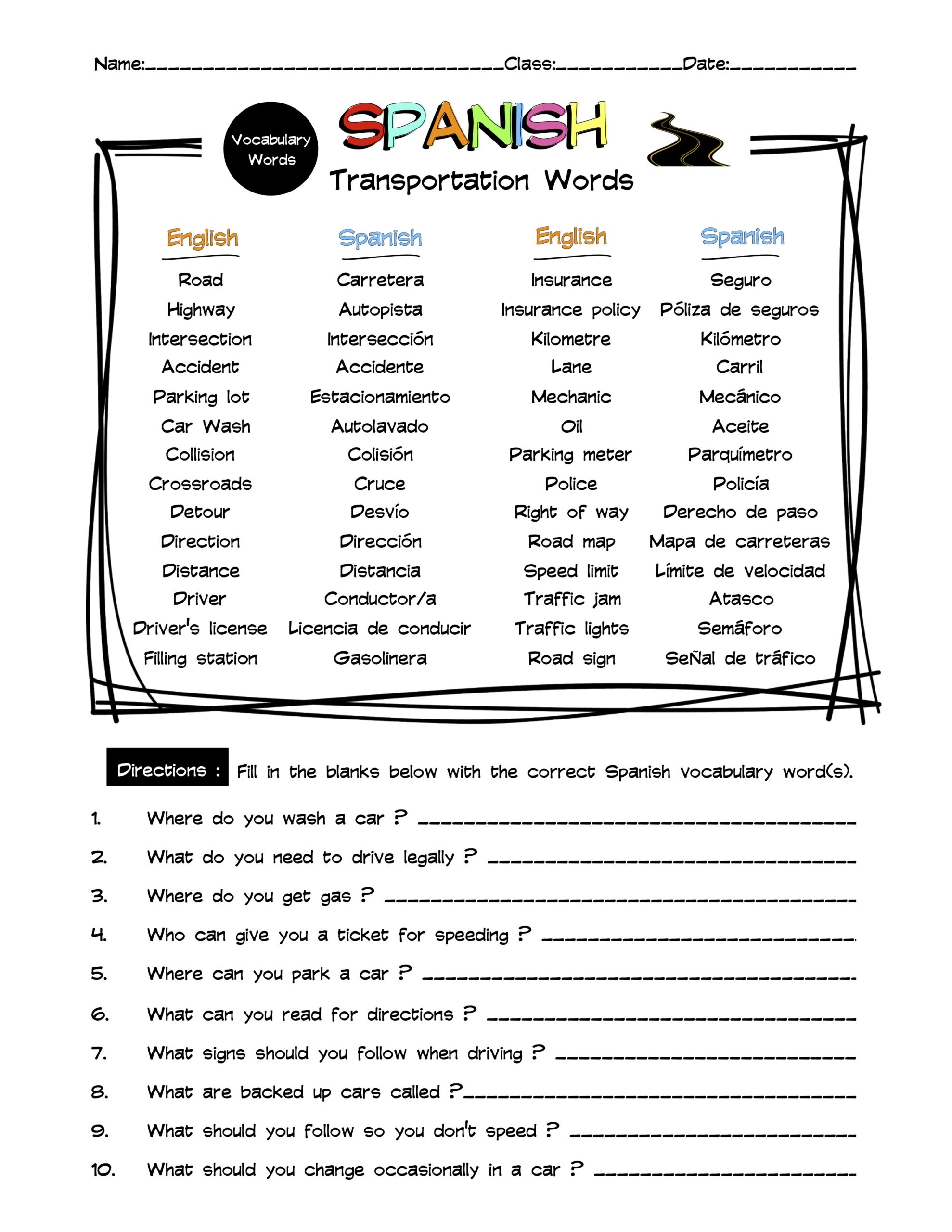 Spanish Types Of Transportation Vocabulary Word List Worksheet & Answer ...