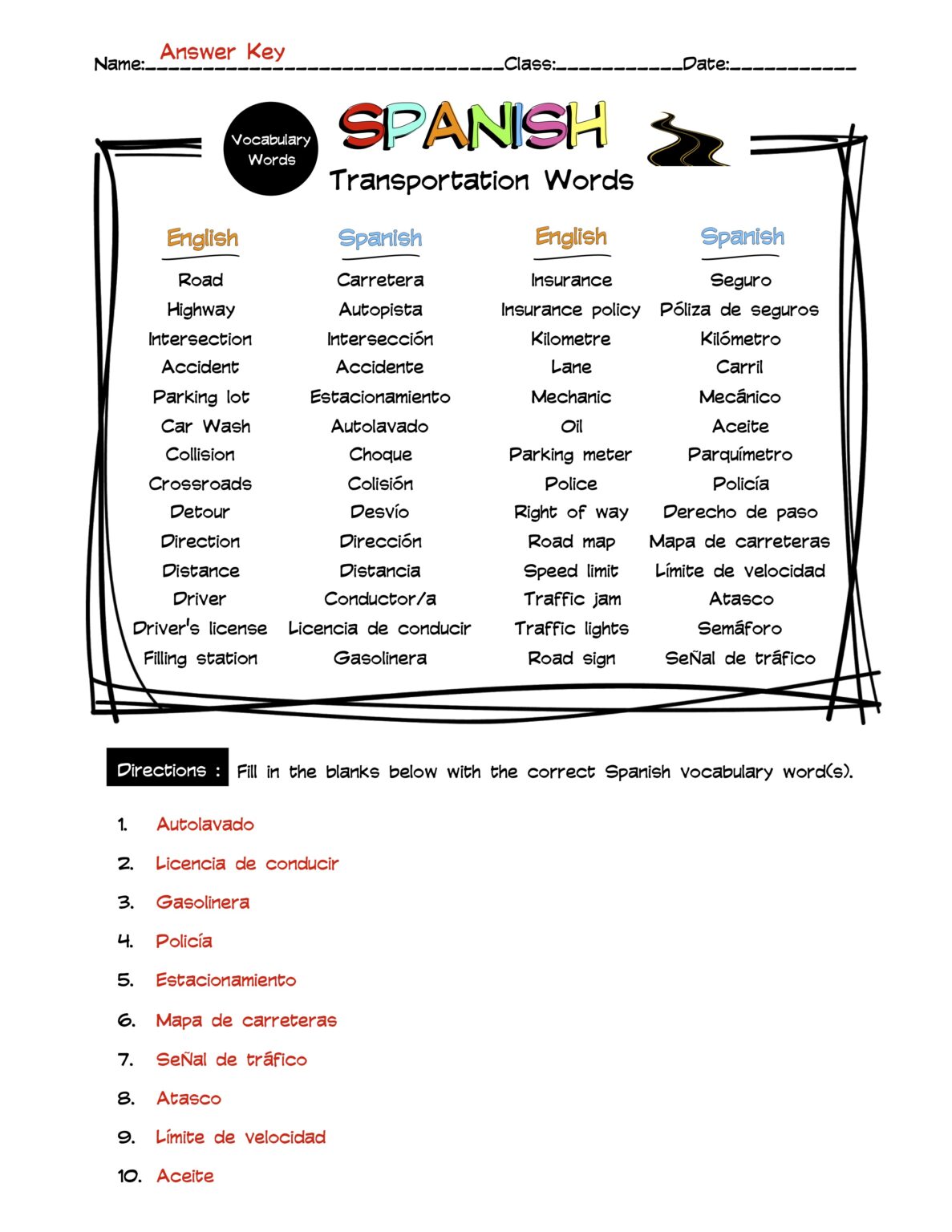 Spanish Types Of Transportation Vocabulary Word List Worksheet & Answer ...