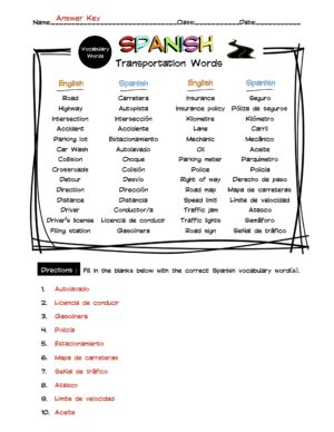 Spanish Types Of Transportation Vocabulary Word List Worksheet & Answer ...