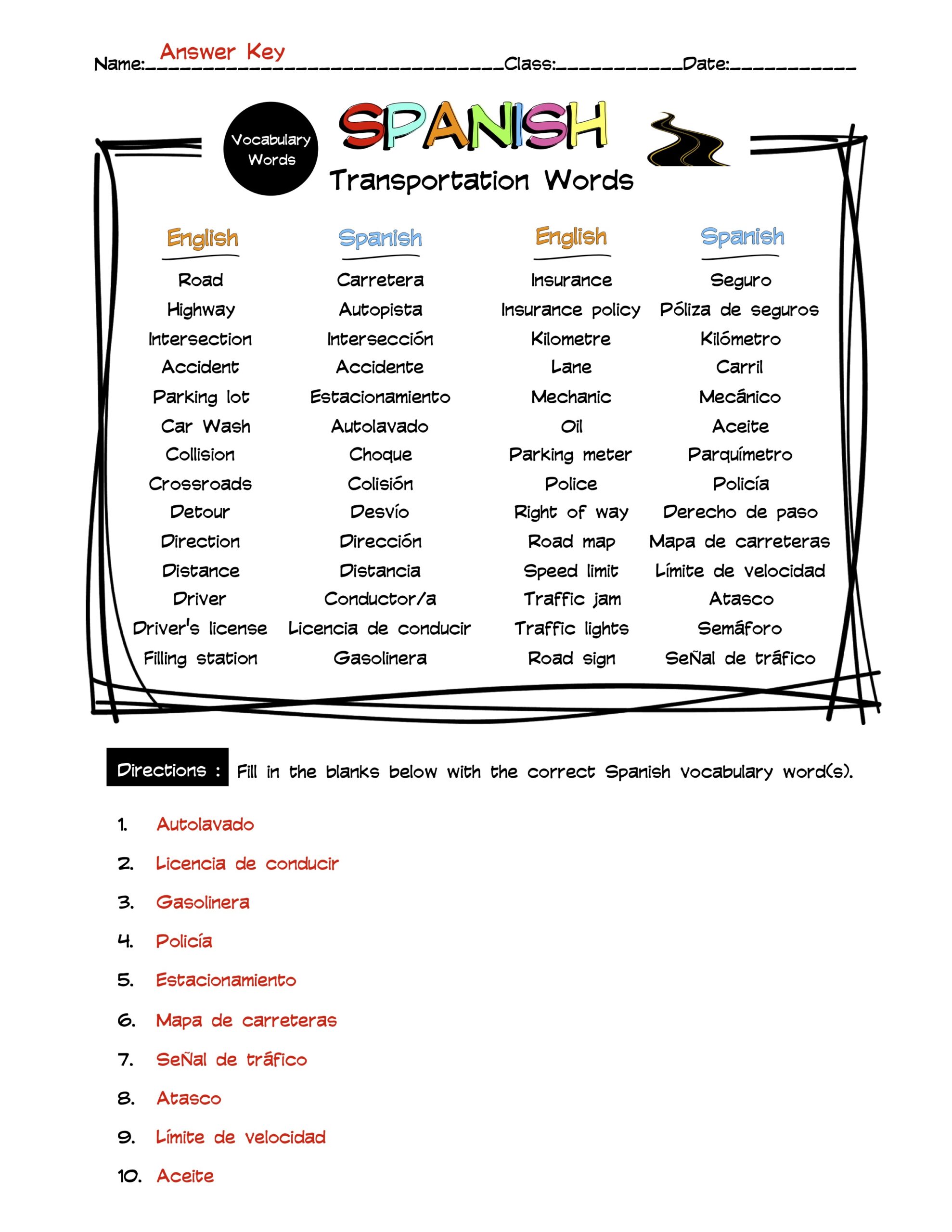 Spanish Types Of Transportation Vocabulary Word List Worksheet & Answer ...