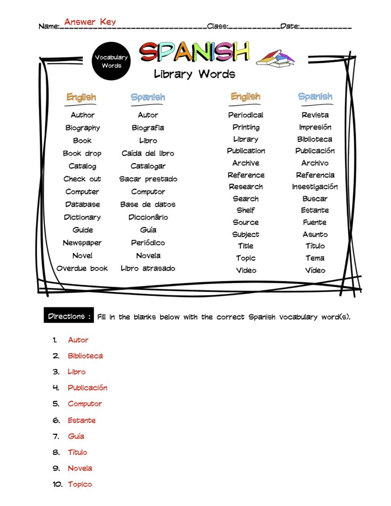 Spanish Library Vocabulary Word List Worksheet & Answer Key | Made By ...