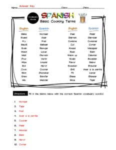 Spanish Cooking Terms Vocabulary Word List Worksheet & Answer Key ...