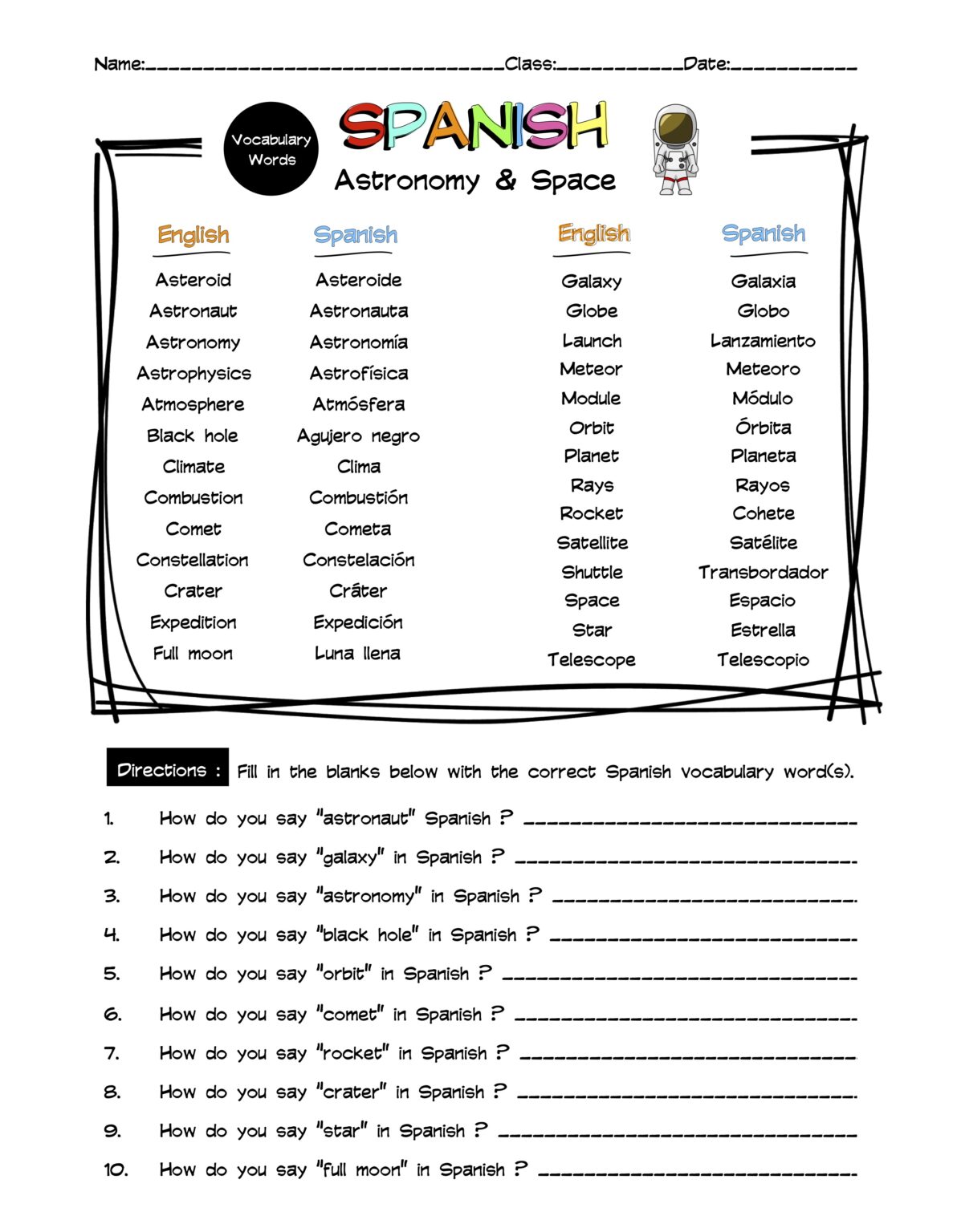 Spanish Character Traits Vocabulary Word List Worksheet & Answer Key ...