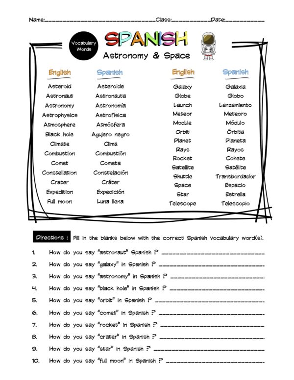 Spanish Astronomy & Space Vocabulary Word List Worksheet & Answer Key ...