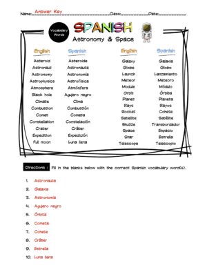 Spanish Astronomy & Space Vocabulary Word List Worksheet & Answer Key ...