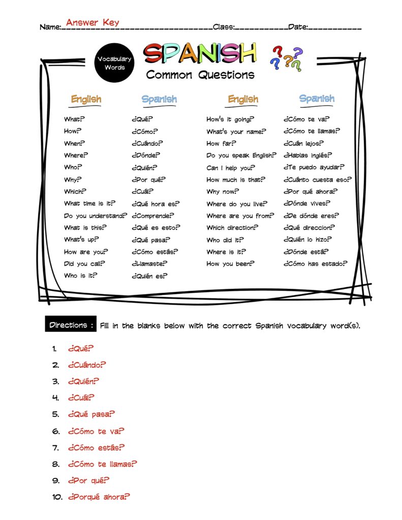 Spanish Common Questions Vocabulary Word List Worksheet & Answer Key ...
