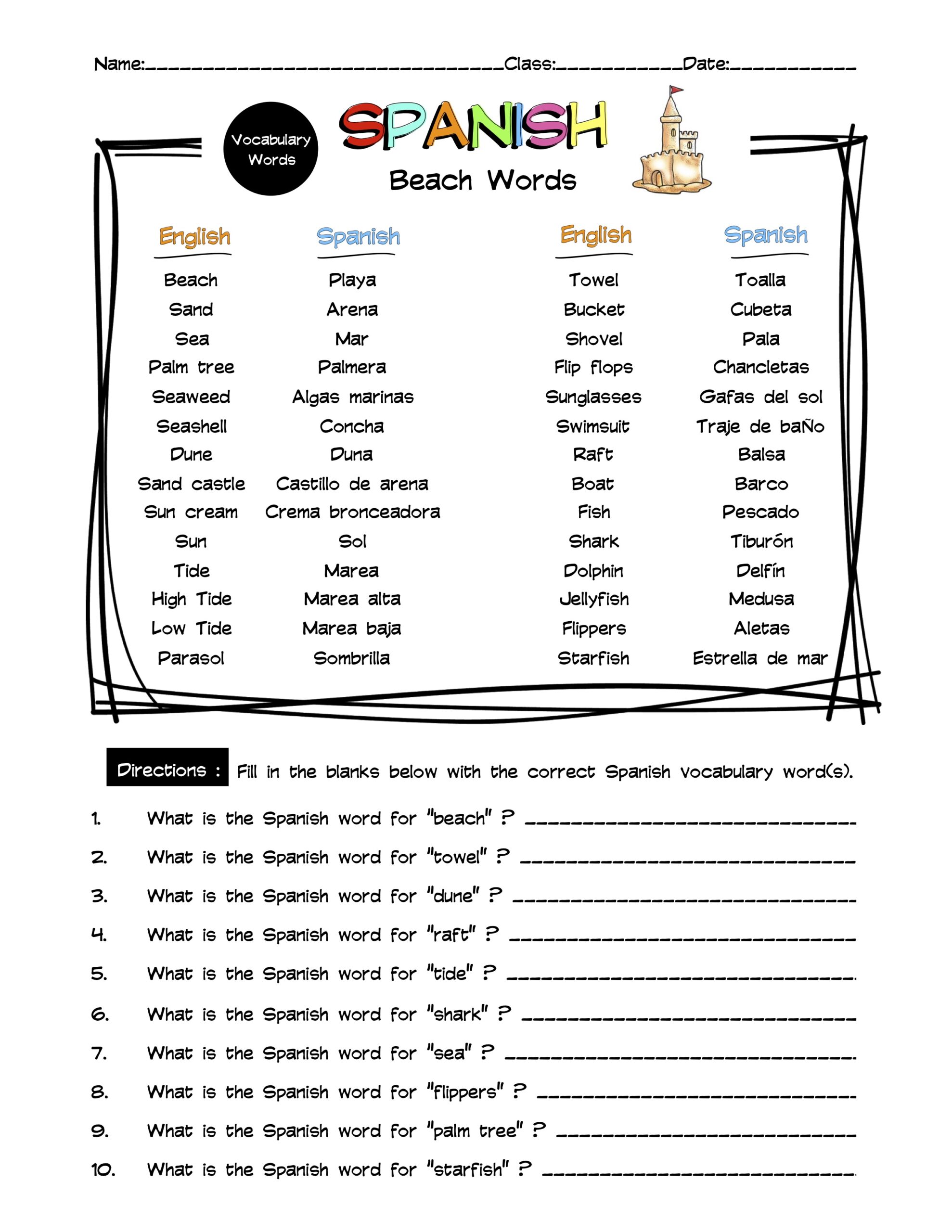 Spanish Beach Words Vocabulary Word List Worksheet & Answer Key | Made ...