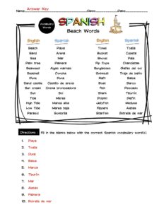 Spanish Beach Words Vocabulary Word List Worksheet & Answer Key | Made ...