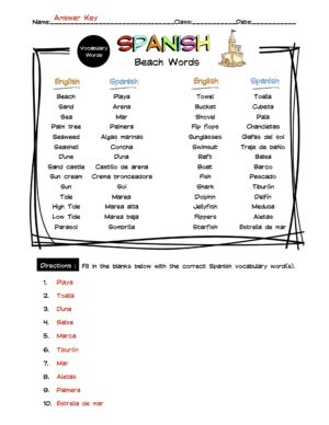 Spanish Beach Words Vocabulary Word List Worksheet & Answer Key | Made ...
