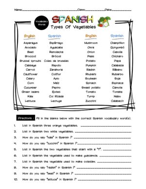 Spanish Vegetables Vocabulary Word List Worksheet & Answer Key | Made ...