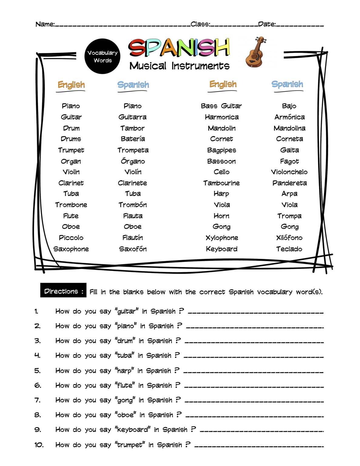 Spanish Musical Instruments Vocabulary Word List Worksheet & Answer Key ...