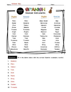 Spanish Musical Instruments Vocabulary Word List Worksheet & Answer Key ...