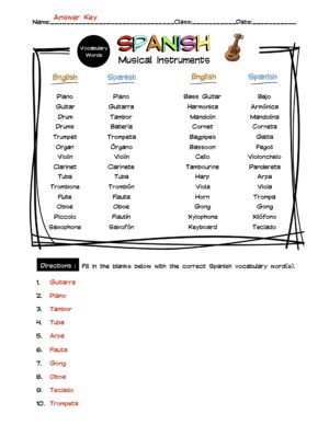 Spanish Musical Instruments Vocabulary Word List Worksheet & Answer Key ...