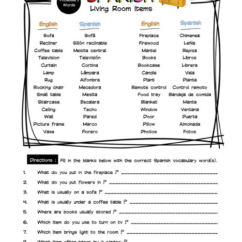 Spanish Living Rooms Item Vocabulary Word List Worksheet & Answer Key ...