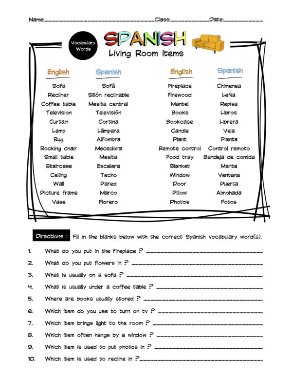 Spanish Living Rooms Item Vocabulary Word List Worksheet & Answer Key ...