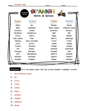 Spanish Herbs & Spices Vocabulary Word List Worksheet & Answer Key ...