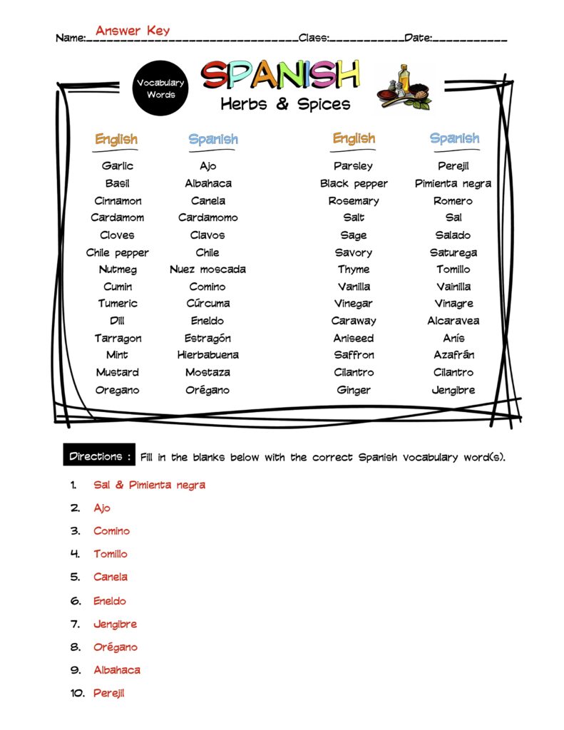 Spanish Herbs & Spices Vocabulary Word List Worksheet & Answer Key ...