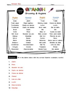 Spanish Grooming & Hygiene Vocabulary Word List Worksheet & Answer Key ...