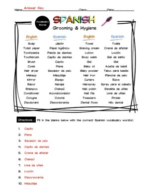Spanish Grooming & Hygiene Vocabulary Word List Worksheet & Answer Key ...