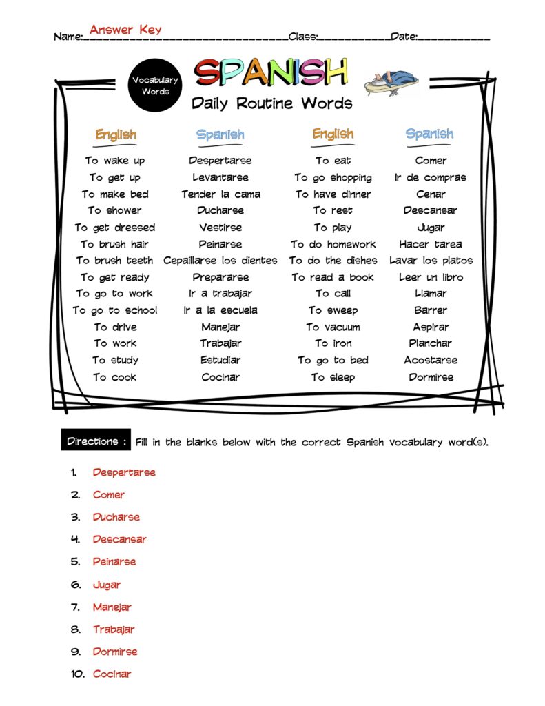 Spanish Daily Routines Vocabulary Word List Worksheet & Answer Key ...