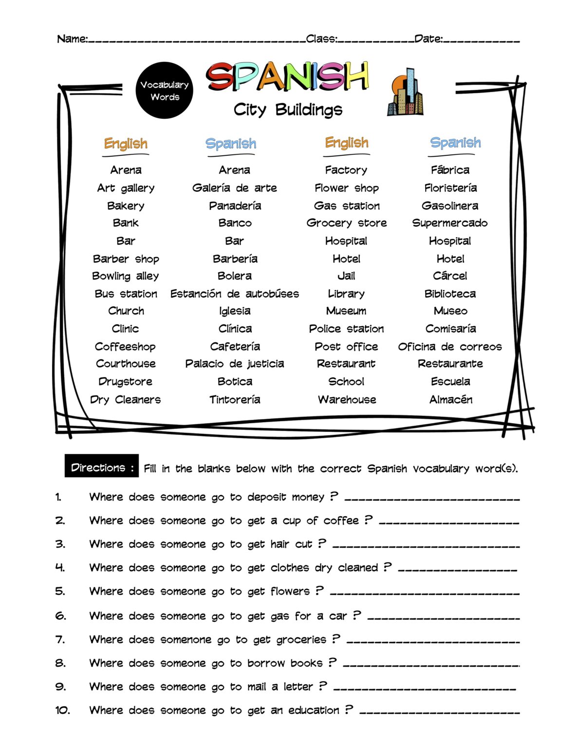 Spanish City Buildings Vocabulary Word List Worksheet & Answer Key ...