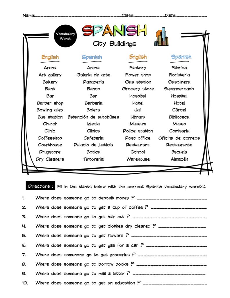 Spanish Common Questions Vocabulary Word List Worksheet & Answer Key ...