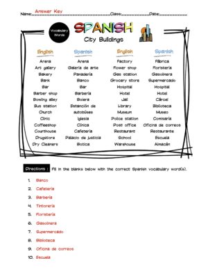 Spanish City Buildings Vocabulary Word List Worksheet & Answer Key ...