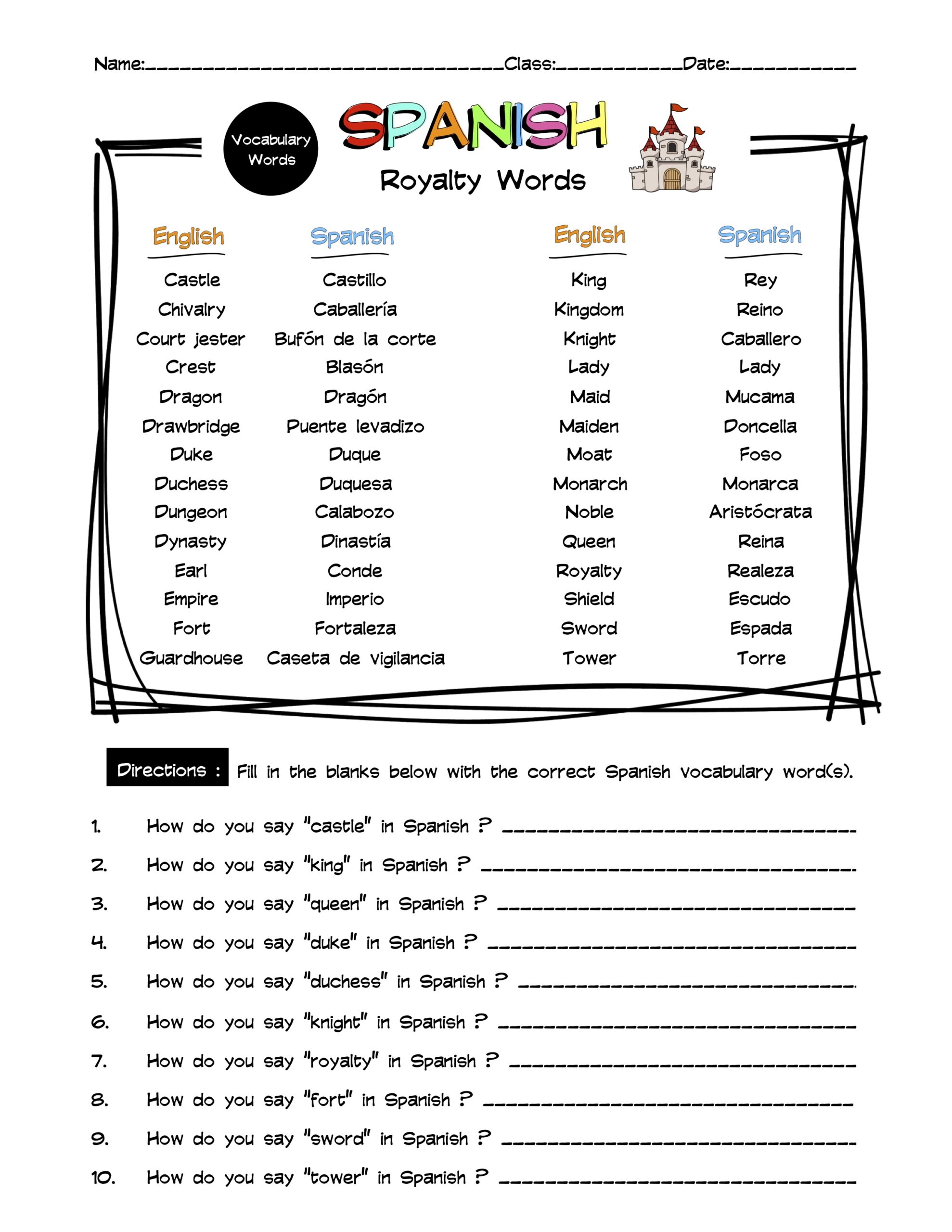 Spanish Royalty & Fairytale Vocabulary Word List Worksheet & Answer Key ...