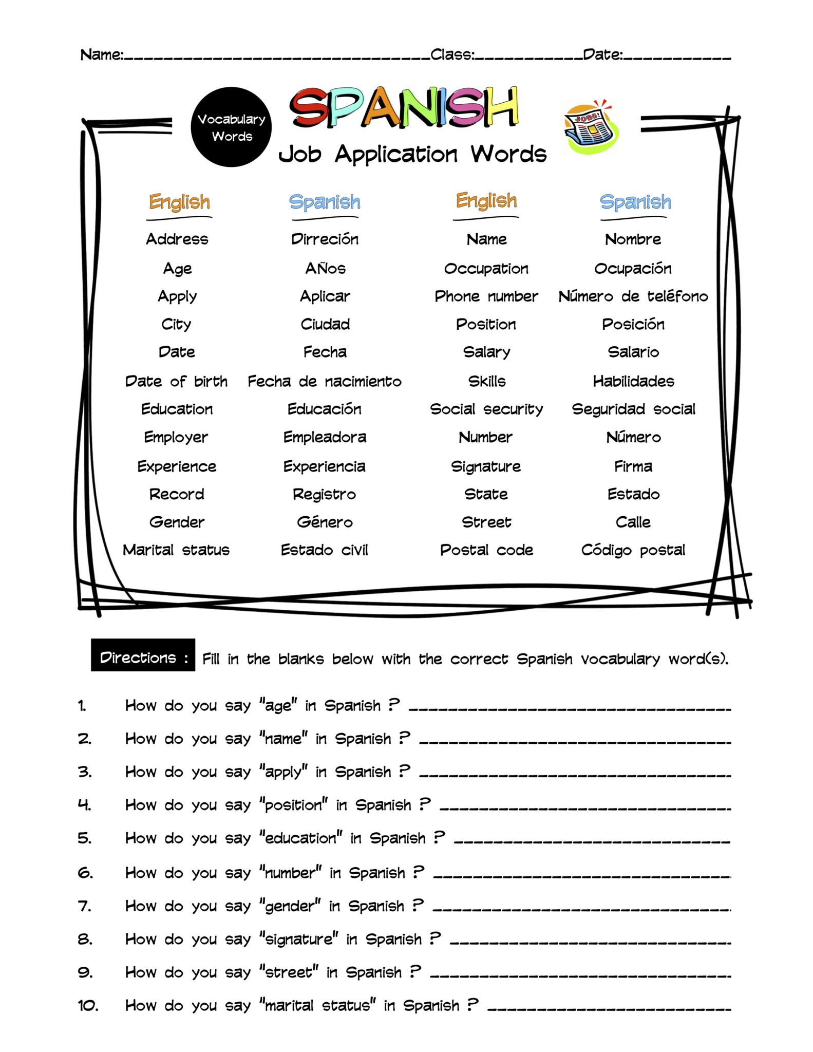 Spanish Vocabulary Word List Worksheets & Answer Keys | Made By Teachers