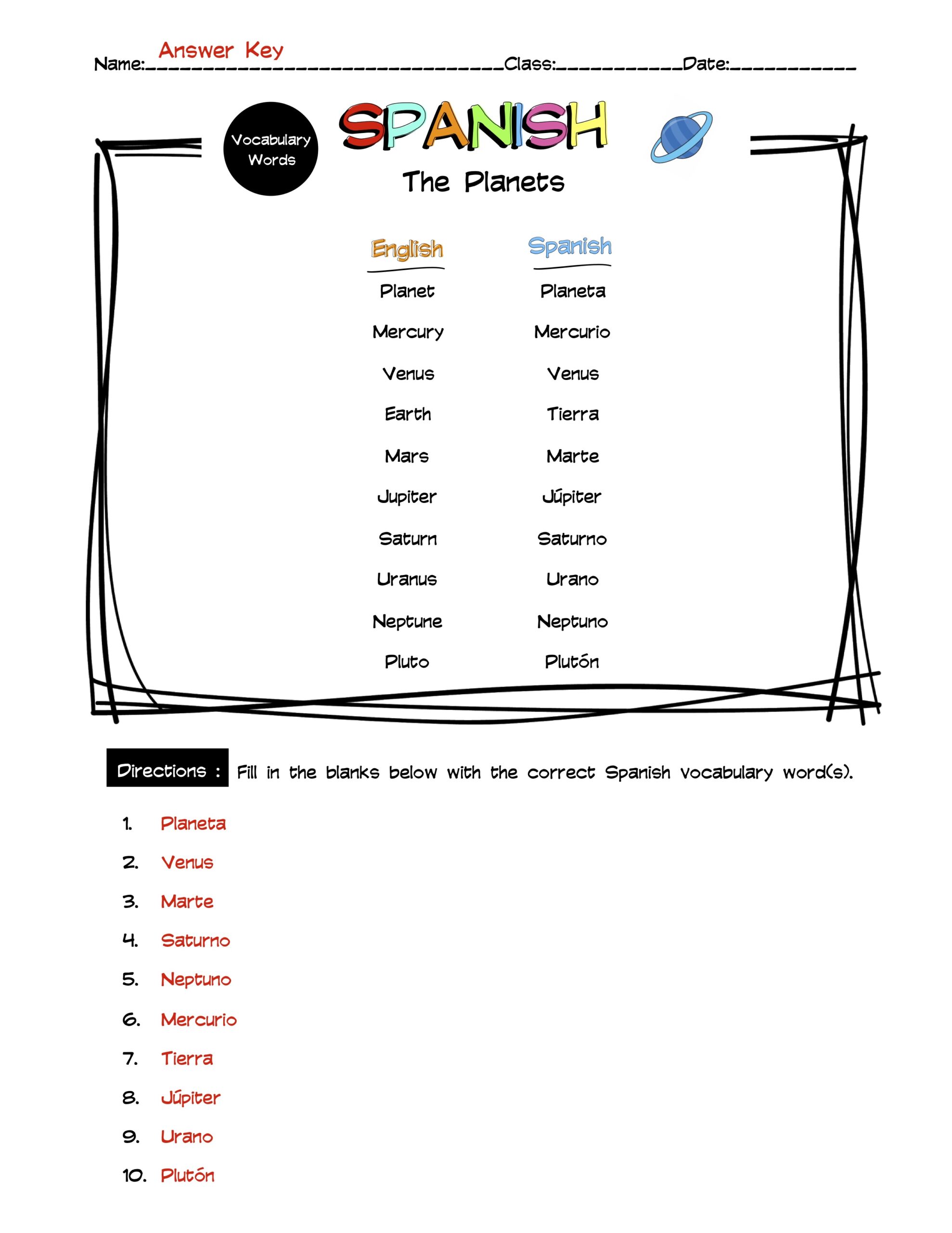 Spanish The Planets Vocabulary Word List Worksheet & Answer Key | Made ...