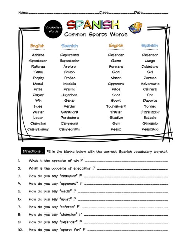 Spanish Sports Words Vocabulary Word List Worksheet & Answer Key | Made ...