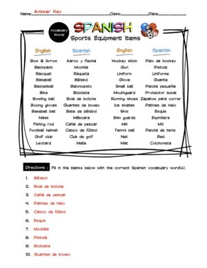 Spanish Sports Equipment Vocabulary Word List Worksheet & Answer Key ...