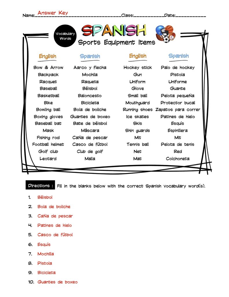Spanish Sports Equipment Vocabulary Word List Worksheet & Answer Key ...