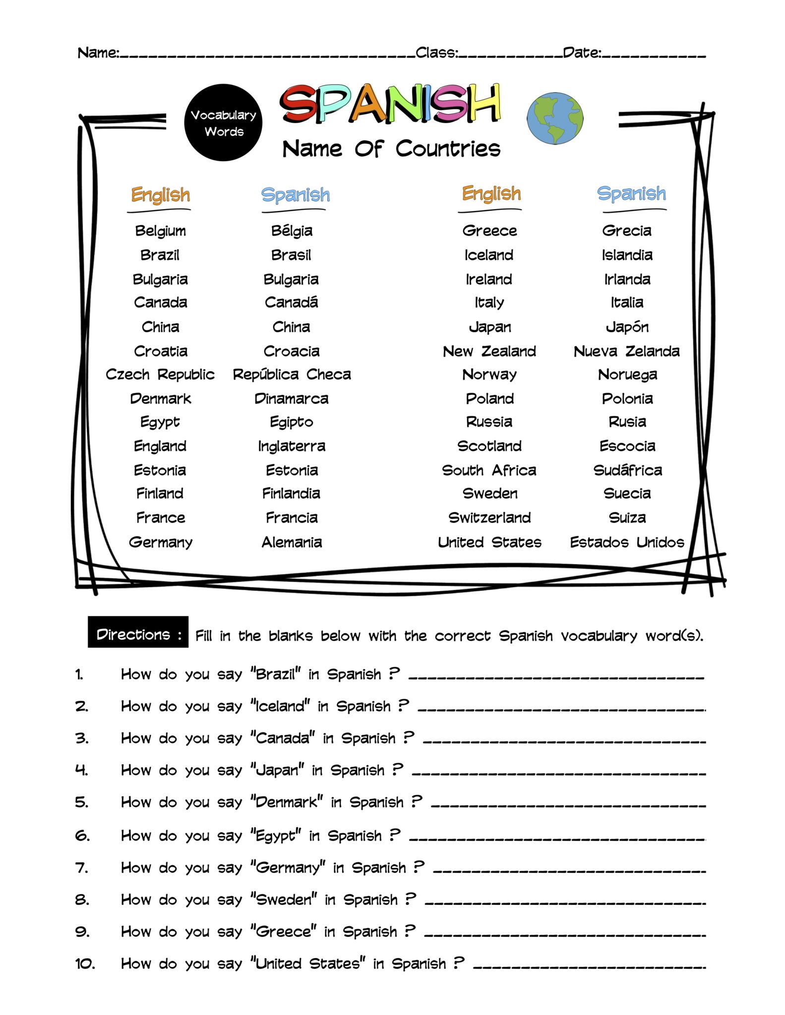Spanish Name Of Countries Vocabulary Word List Worksheet & Answer Key ...